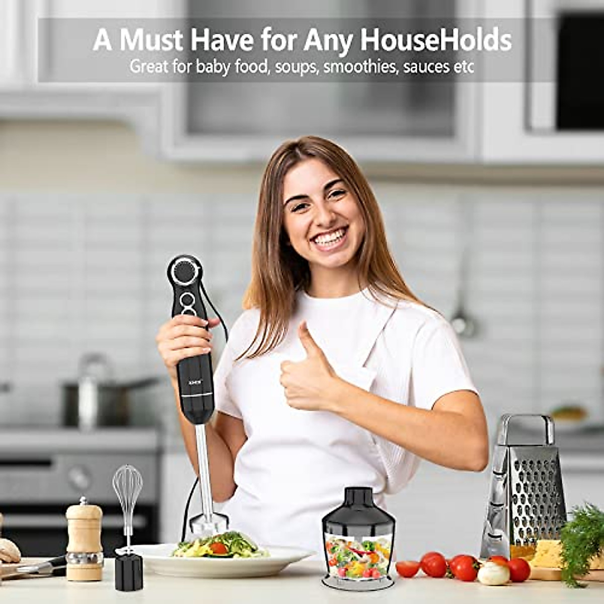 Immersion Blender XMIX, 4-in-1 Immersion Hand Blender 20 Speed & Turbo, Electric Stick Blender Stainless Steel with Beaker, Whisk, Chopper for Baby Food, Soup Blender Handheld