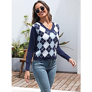 ZAFUL Women's Argyle Sweater V-Neck Cropped Sweater Long-Sleeve Plaid Sweater Pullover Jumper Knit Top (1-Cobalt Blue,S)