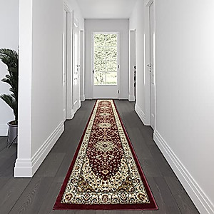 Flash Furniture Mersin Collection Persian Style Area Rug - Olefin Burgundy Non-Shedding Fibers - 3' x 15' - Jute Backing - for Hallway, Entryway, Bedroom, Living Room
