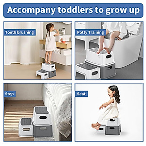 INNOWEST Step Stool for Kids (Ducks Included), 2 Step Stool for Bathroom Sink, Anti-Slip Sturdy Toilet Potty Training Toddler Stool with Handles (Grey)