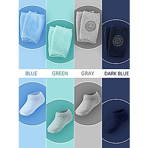 SATINIOR 8 Pairs Crawling Knee Pad Non-Slip Socks Set Knee Protector Toddler Leg Warmer Unisex Soft Cotton Socks for Baby Toddler (Green, Light Gray, Blue and Dark Blue), Medium