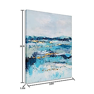 Yihui Arts Abstract Ocean Canvas Wall Art - Blue and Teal Painting with Gold Foil - Modern Coastal Pictures for Living Room Bedroom Kitchen Dinning Decor