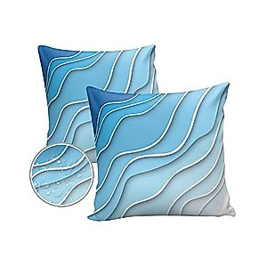 Blue White Ombre Outdoor Pillow Covers 16 x 16 Inches, Winter Blue Waterproof Throw Pillow Cover Set of 2, Geometric Modern Abstract Art Home Decorative Square Cushion Covers for Patio/Tent/Garden