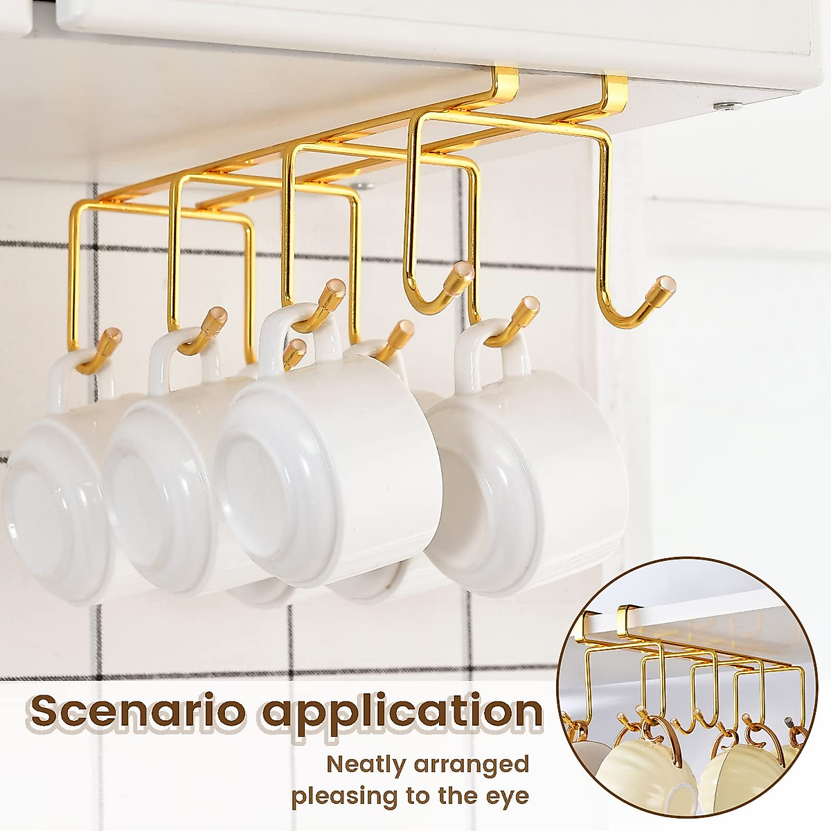 KALYLOC Coffee Mug Holder Under Shelf, Durable 8 Hooks Coffee Mug Hangers Under Cabinet, Champagne Cup Hanger Organizer for Kitchen Utensils Scarf Keys Storage