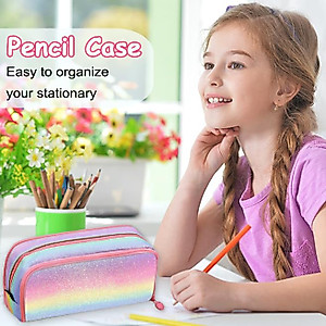 BETURETOP Glitter Rainbow Pencil Case for Girls, Large Capacity Pencil Pouch Pen Bag Organizer with 3 Compartments for Kids Students School Office Supplies Back to School Gifts