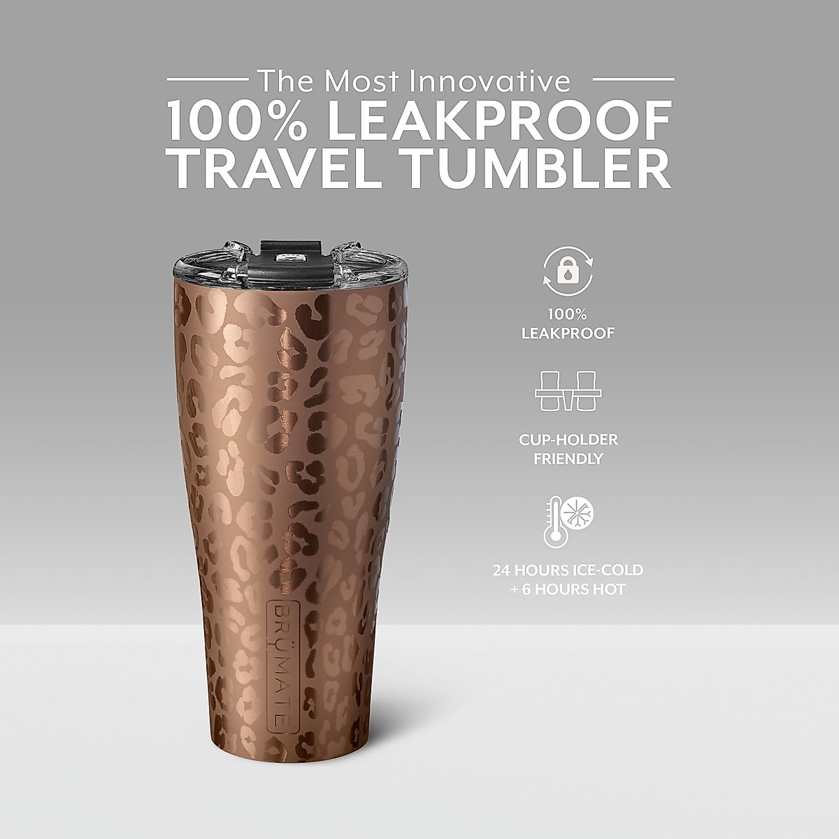 BrüMate Nav XL 32oz 100% Leak Proof Insulated Travel Tumbler with Magnetic BevLock™ Lid - Double Wall Cup-Holder Friendly Stainless Steel Mug (Gold Leopard)