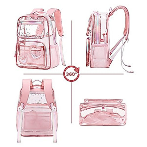 KIDNUO Clear Backpack for Girls Kids Elementary Bookbags Transparent Stadium Approved Travel Daypack See Through Middle College School Bag Large Laptop Backpacks for Women Teens Students (Pink)