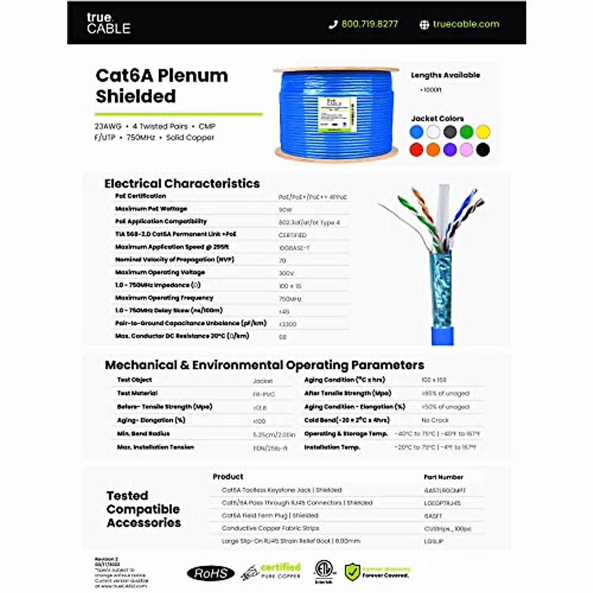 trueCABLE Cat6A Shielded Plenum (CMP), 1000ft, Orange, 23AWG Solid Bare Copper, 750MHz, PoE++ (4PPoE), ETL Listed, Overall Aluminum Foil Shield (F/UTP), Bulk Ethernet Cable
