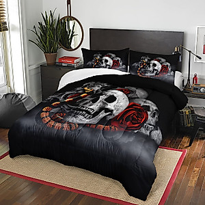 AILONEN Skull Decor Bedding Set Queen Size, Snake Entwined Skeleton 3D Print Halloween Comforter Set,Red Rose Smoky Fog Style Black Tint Soft Breathable Duvet Set 3 Pieces, 1 Quilt and 2 Pillowcases