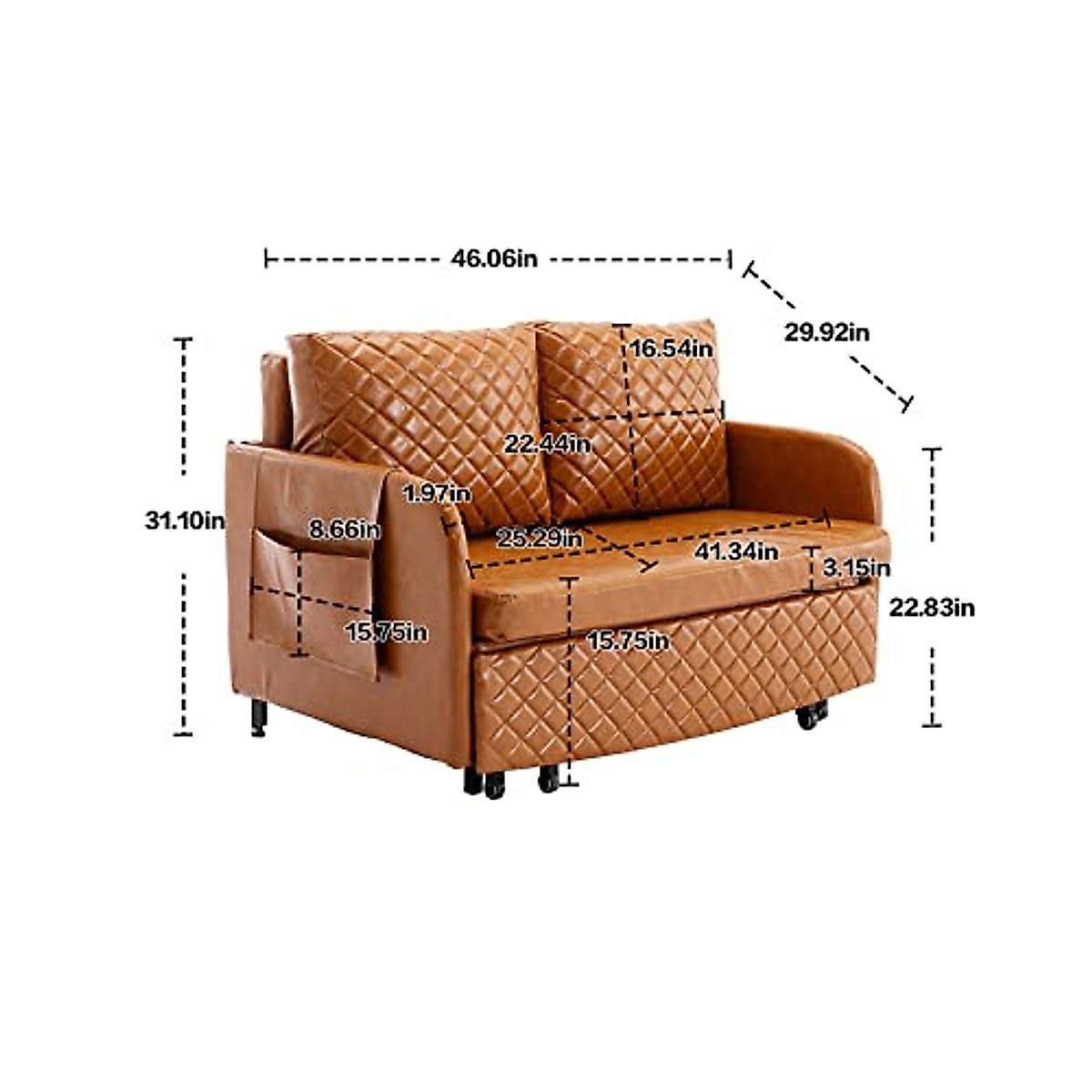 VKKILPEE Modern Pull Out Sofa Bed Convertible Couch Bed PU Sofa Sleeper with 2 Pillows & Side Pockets Small Full Bed Loveseat Futon Couch Sleeper with Headboard, Easy Assembly, Brown