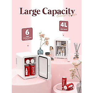 BOGDA Mini Skincare Fridge (4 Liter/6 Can) with Dimmable LED Light Mirror, Cooler and Warmer for Refrigerating Make Up, Skin Care and Food, Portable Mini Fridge for Bedroom, Office and Car, White