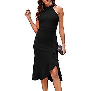 MEROKEETY Women's Sexy Halter Neck Sleeveless Evening Dress Slim Split Mermaid Prom Dresses,Black,XL
