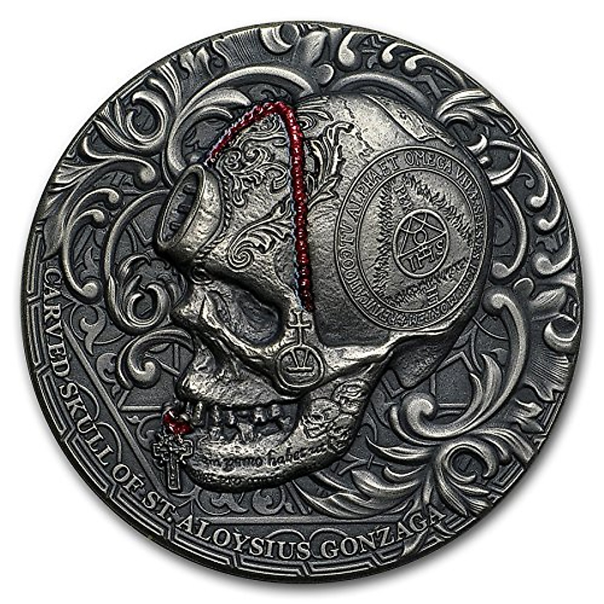 2018 CM CARVED SKULL OF ST.ALOYSIUS GONZAGA High Relief Silver Coin Antiqued 1 OZ Superb Gem Uncirculated