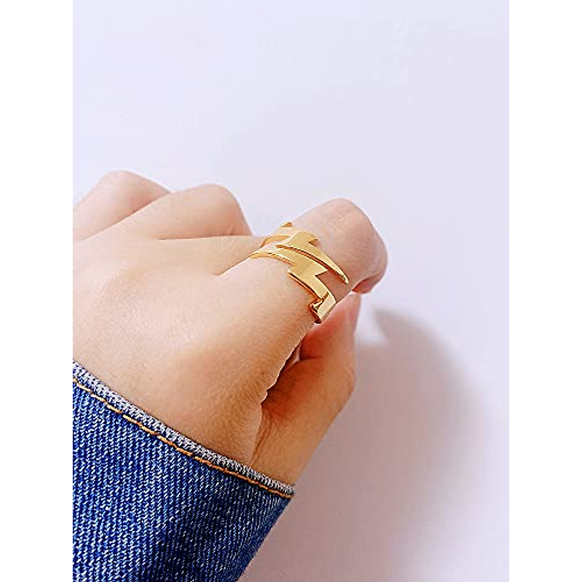 21 Holiday Double Lightning Stainless Steel Adjustable Open Rings for Women Men Fashion Asymmetric Wrap Engagement Promise Statement Finger Knuckle Boyfriend Girlfriend Son Daughter, Gold (4202)