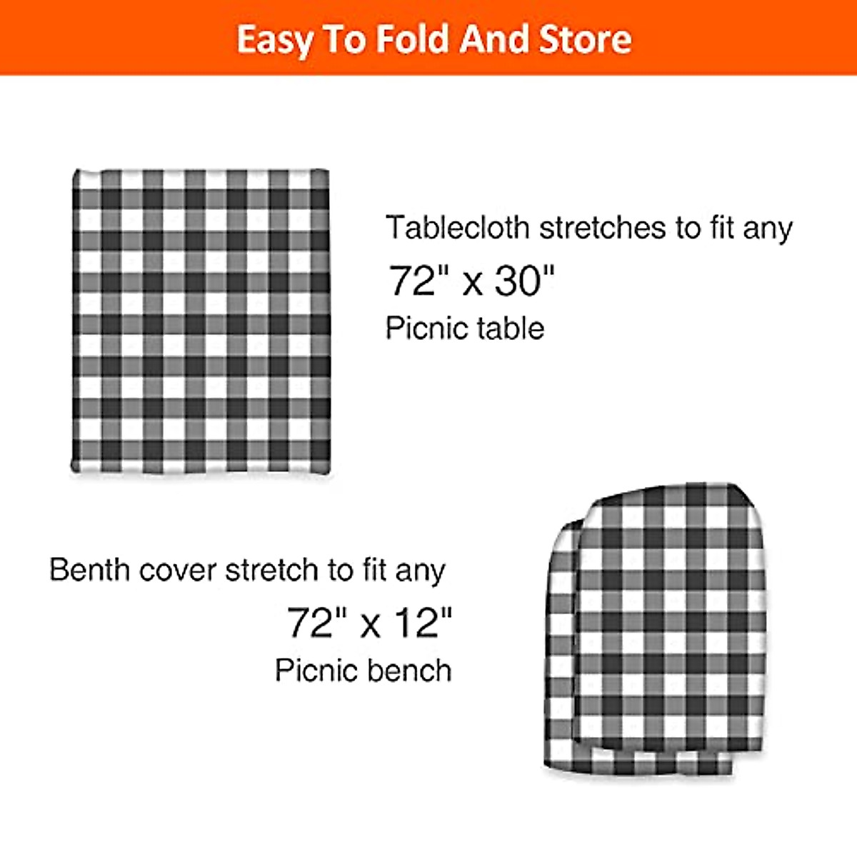 KENOBEE Picnic Table and Bench Fitted Tablecloth Cover, 3-Piece Set, Flannel Backing Elastic Edge Waterproof Wipeable Plastic Cover Vinyl Tablecloth for Home Goods Indoor Outdoor Patio, Black-White