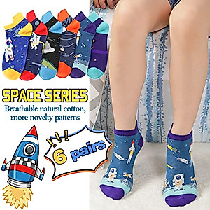 Welwoos Kids Boys Ankle Socks No Show Low Cut Funny Cute Cartoon Novelty Cotton Socks 6 Pairs Gifts Stocking Stuffers for Boys Kids(Space,5-8 Y)