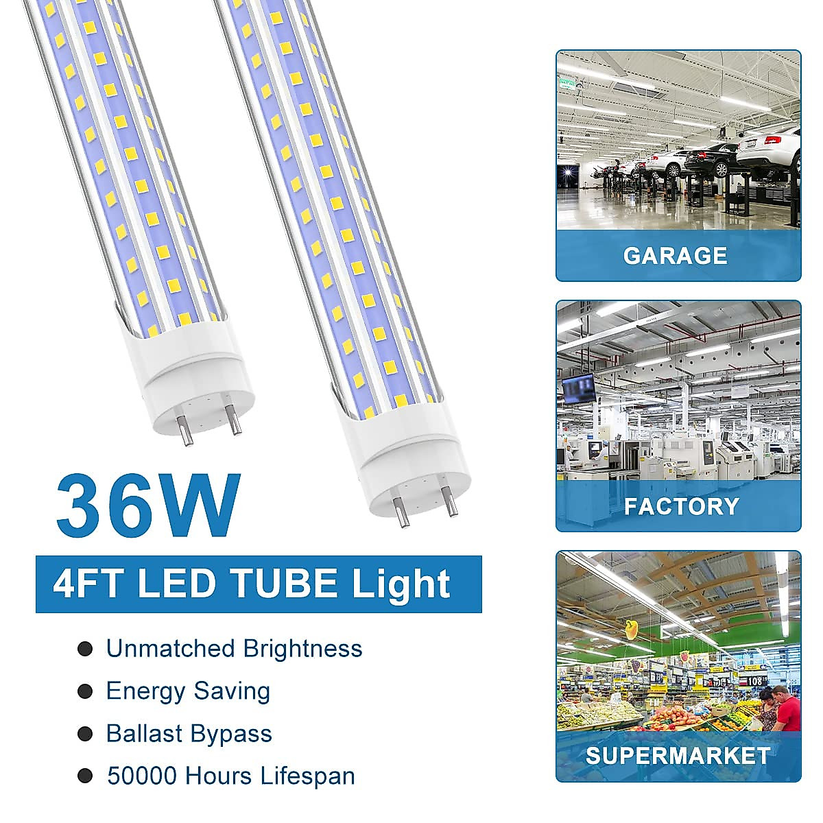 SHOPLED T8 LED Bulbs 4 Foot, 36W 6000K Cool White, Type B LED Tube Lights 4FT, D-Shaped, 4FT LED Bulbs Fluorescent Replacement, Ballast Bypass, 4 Pack