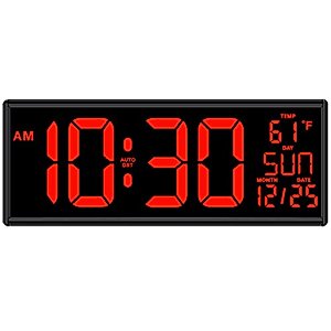 Soobest Digital Wall Clock with Date Temperature, Large LED Display Numbers with Dimmer 12 Inches(Red)
