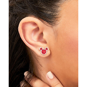 Disney Mickey Mouse Earrings - Silver Plated Mickey Mouse Stud Earrings with Red Glitter - Disney Jewelry for Women