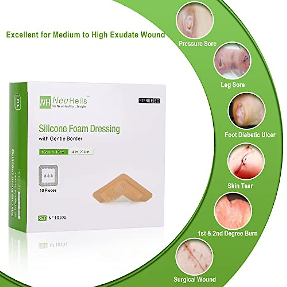 Silicone Adhesive Foam Dressing with Gentle Border 4''x4'' for Bed Sore Leg Ulcer 10 Pack, High Absorbency Waterproof Silicone Wound Bandage for Foot Diabetic Ulcer