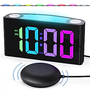 PPLEE RGB Vibrating Alarm Clock for Bedroom-Digital Clock with Bed Shaker,Super Loud Alarm Clock for Heavy Sleeper Hearing Impaired Deaf,Large Big Numbers for Senior,USB&Type-C,Dimmable,Battery Backup