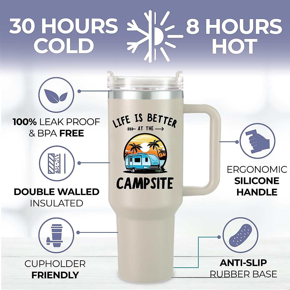 KEDRIAN Camping Tumbler 40oz, Cool Camping Birthday Gifts for RV Campers, Happy Camper Tumbler, Camping Tumbler with Lid, Camping Gifts Ideas, Happy Camping Gifts for Campers