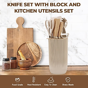FTNESGYM Kitchen Knife Set, Knife Sets with Block and 4 PCS Kitchen Utensils Set, 10-in-1 Cooking Utensils Set with Knife Set and Utensils Holder, Silicone Spatula Set for Kitchen (Khaki)