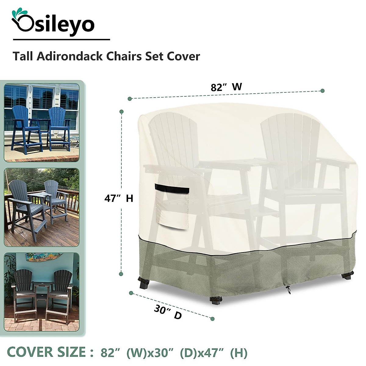 Osileyo Tall Adirondack Chairs Set Cover for Poly Balcony Chair with Connecting Tray Patio Stools,100% Waterproof Heavy Duty Tall Outdoor Adirondack Chair Table Covers, Beige