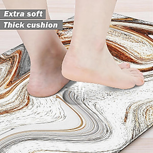 Kitchen Mats for Floor Anti Fatigue Floor Marble Cushioned Memory Foam Non Slip PVC Leather Padded Comfort Standing Rugs Set of 2, Abstract Golden Swirl Design, C1