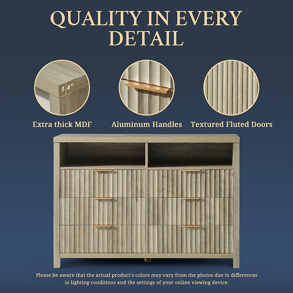 OAKHAM HOME Oxford Fluted 6 Drawer Dresser for Bedroom, Wide Modern Wooden Chest of Drawers with 2 Shelves, TV Stand of Drawers, Wood Drawer Organizer, 46.5" W x 37" H x 15.4" D (Sunwashed Ash Oak)