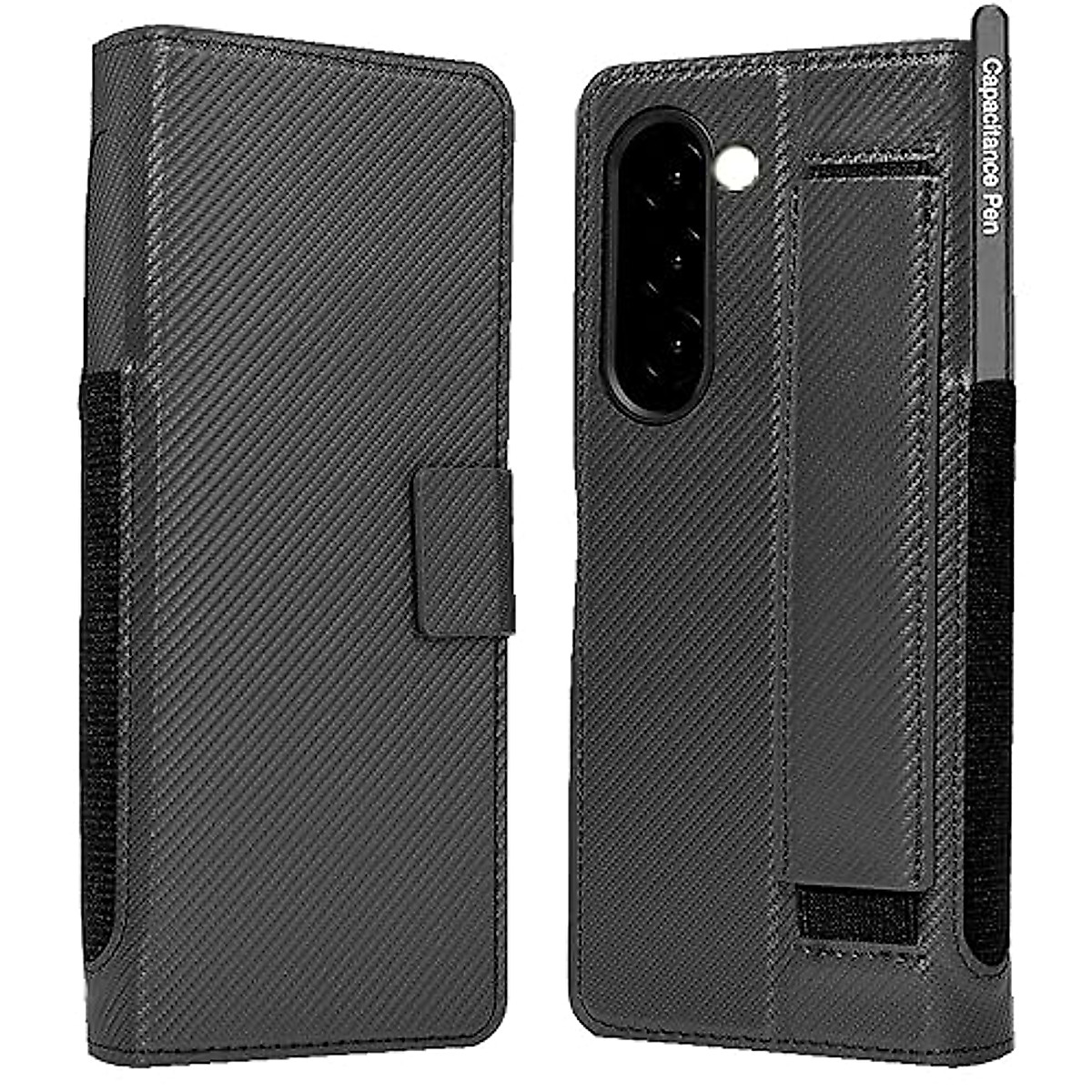 Mansoorr for Samsung Galaxy Z Fold 5 Wallet Case with S Pen Holder [Elastic Wrist Strap] [Carbon Fiber Texture Leather] Kickstand Card Holder Slots Protective Flip Folio Phone Cover 7.6" 2023 - Black