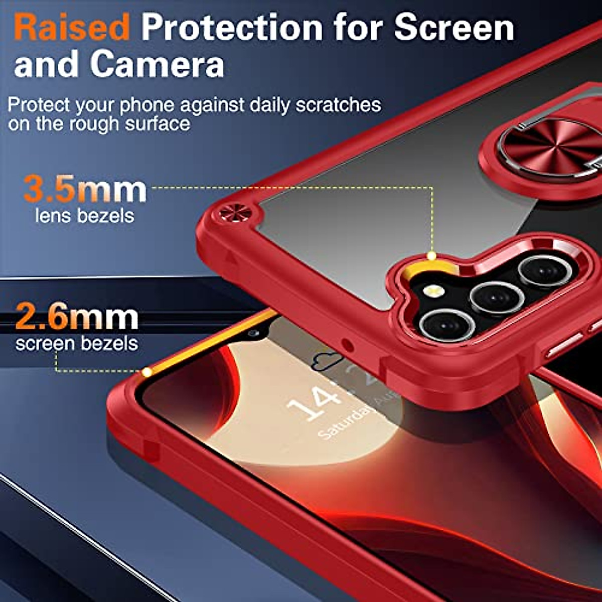 GOLDJU for Samsung Galaxy A14 5G Case, Galaxy A14 Case with [1P Screen Protector]& [1P Camera Lens Protector]& [Metal Kickstand]& [10FT Military Grade Drop Protection] Clear Back 2023(Red)