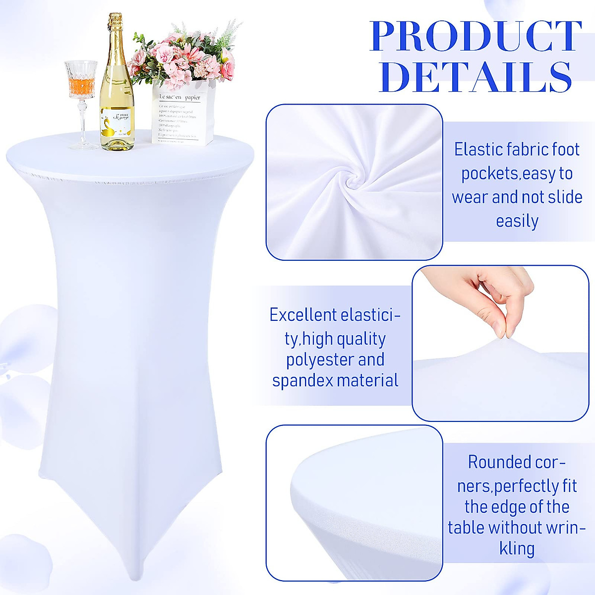 8 Packs 32 x 43 Inch Cocktail Spandex Tablecloths Cocktail Round Table Cover Spandex Stretch Square Tablecloth for Fitted High Top Table (White)