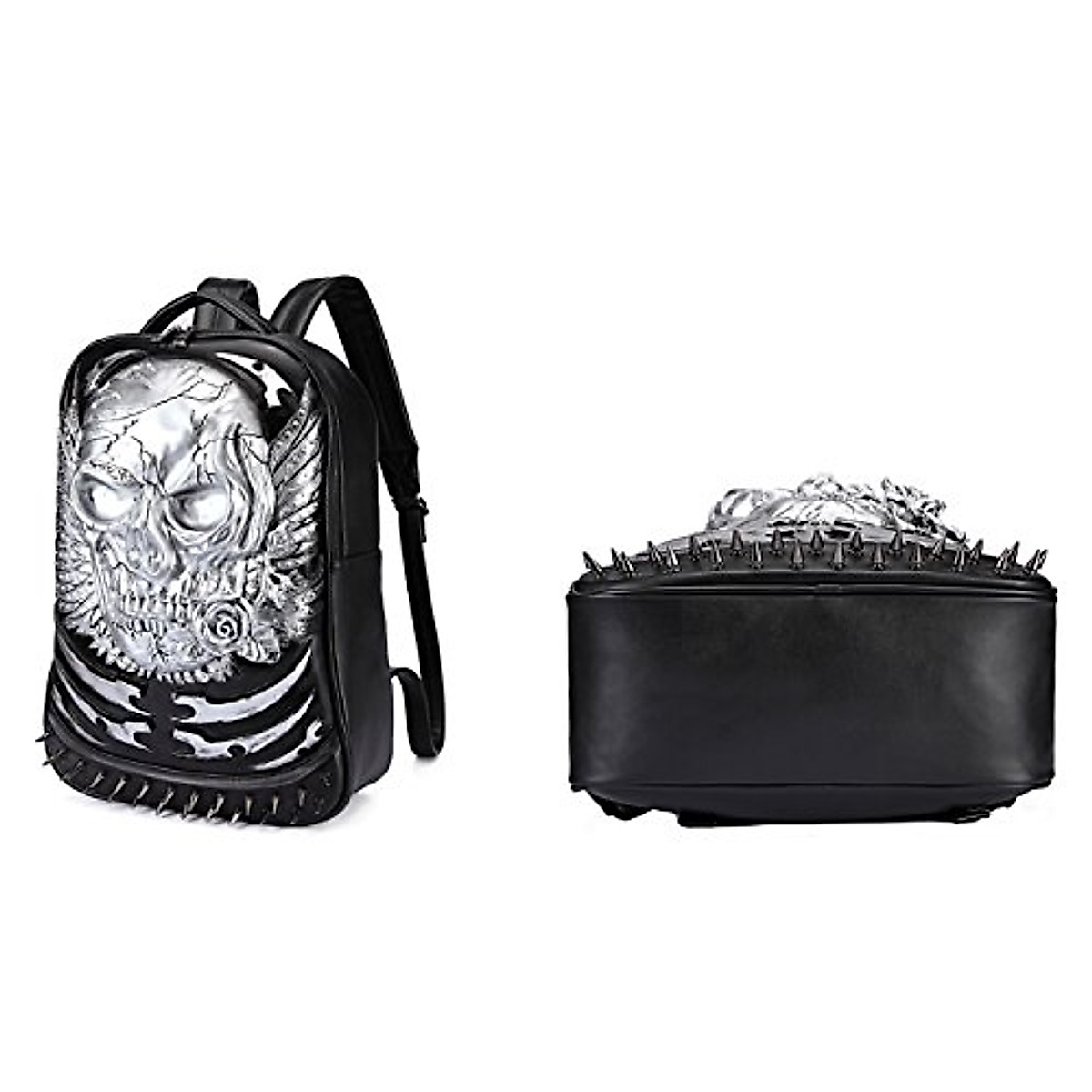 AIBAG 3D Skull Head Backpack, PU Leather Gothic Cracked Rivets Studded Cool Laptop Backpack Large College Bookbag, Gold