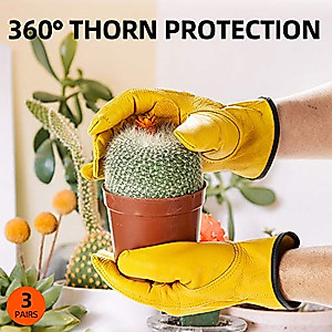 Vgo 3-Pairs Unlined Cow Grain Leather Work and Driver Gloves with Cow Split Leather Palm Patch (Size L, Gold,CA9590)