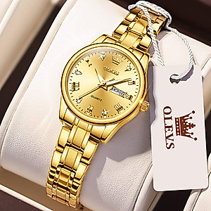 OLEVS Watches for Women 14k Gold Tone Ladies Watches Waterproof with Day and Date Stainless Steel Woman Wrist Watches,Simple Dress Small Face Lady Watch Fashion Elegant Classic Female Watches