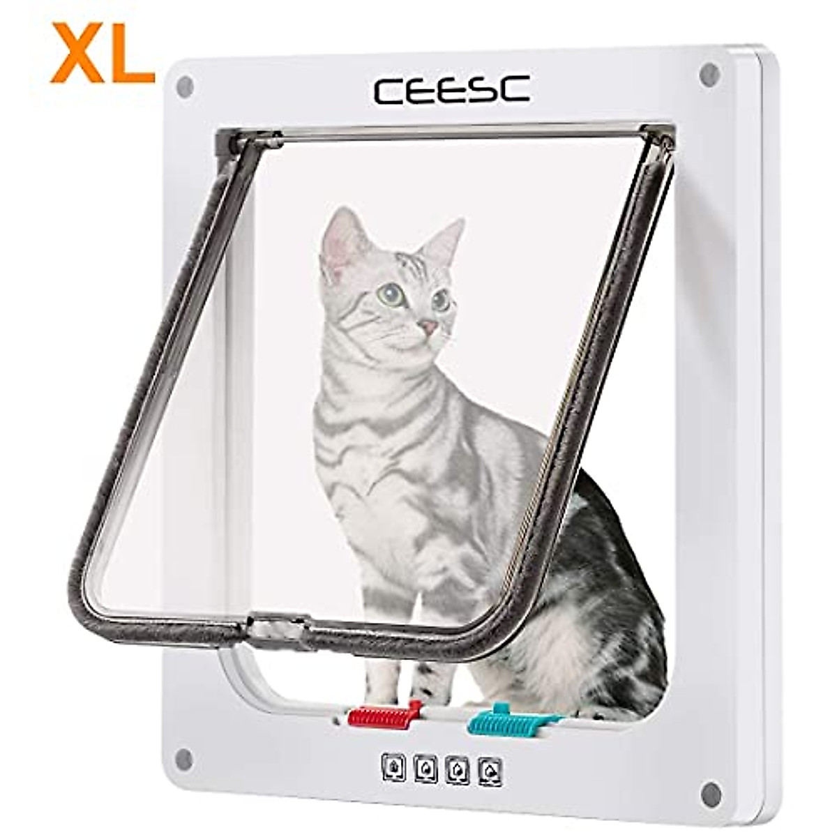 CEESC Large Cat Door (Outer Size 11" x 9.8"), 4 Way Locking Cat Door for Windows & Sliding Glass Door, Weatherproof Cat Flap Door for Cats & Doggie with Circumference < 24.8"