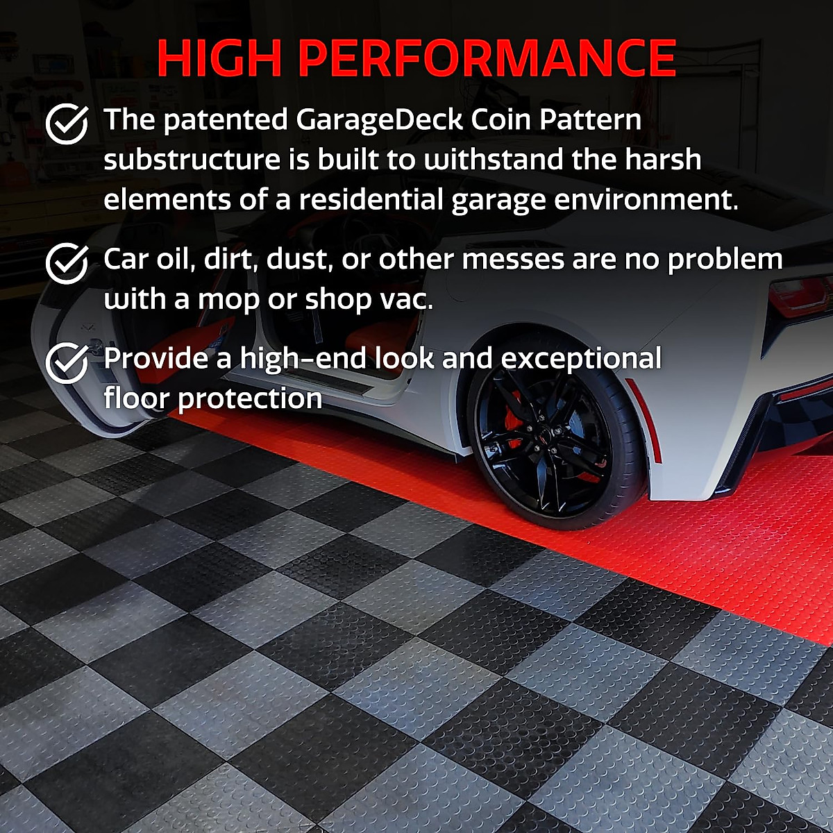 Big Floors GarageDeck Coin Pattern, Durable Copolymer Interlocking Modular Non-Slip Garage Flooring Tile (48 Pack), Black