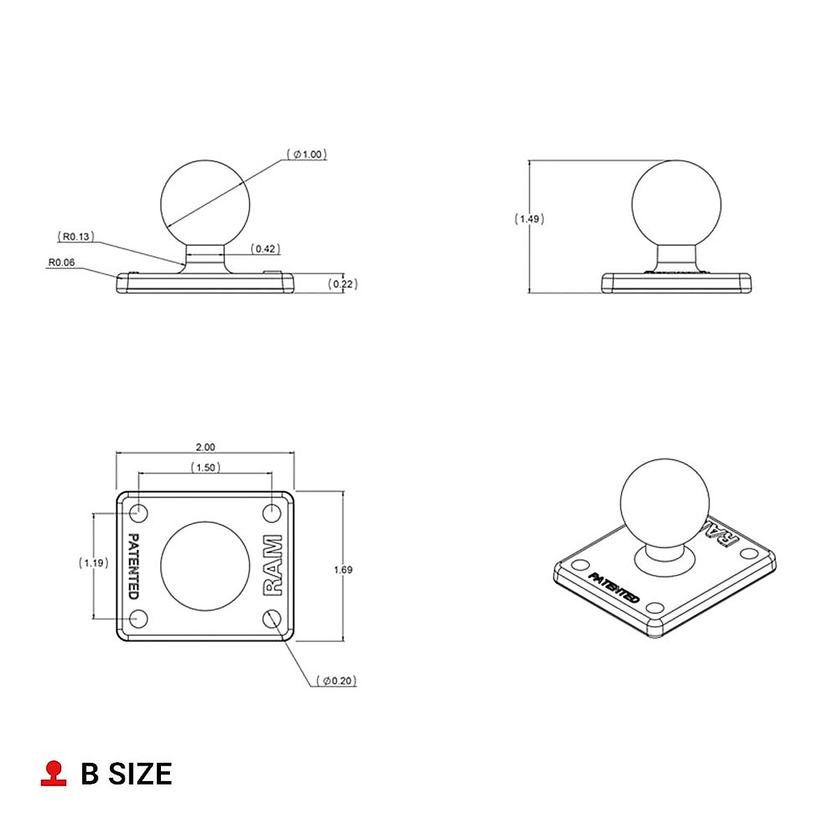 RAM Mounts Ball Adapter with AMPS Plate RAM-B-347U with B Size 1" Ball