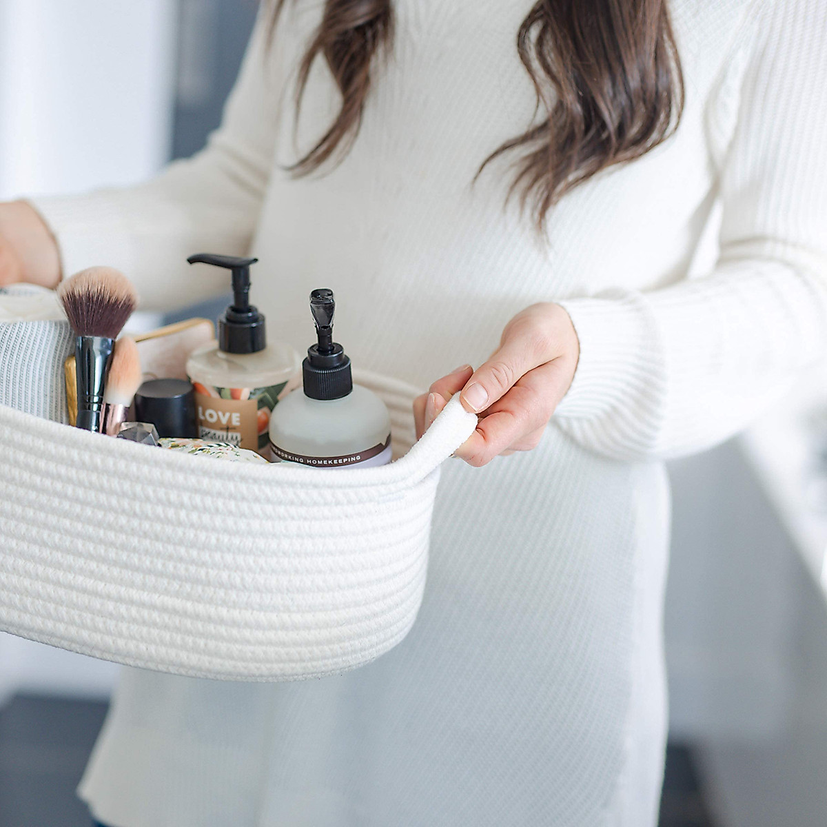 NaturalCozy 3-Piece Oval Storage Basket Set– Natural Woven Gift Basket Empty, Soft Baby Basket for Nursery, Cat Dog Toy Baskets, Small Rope Basket (Off White)