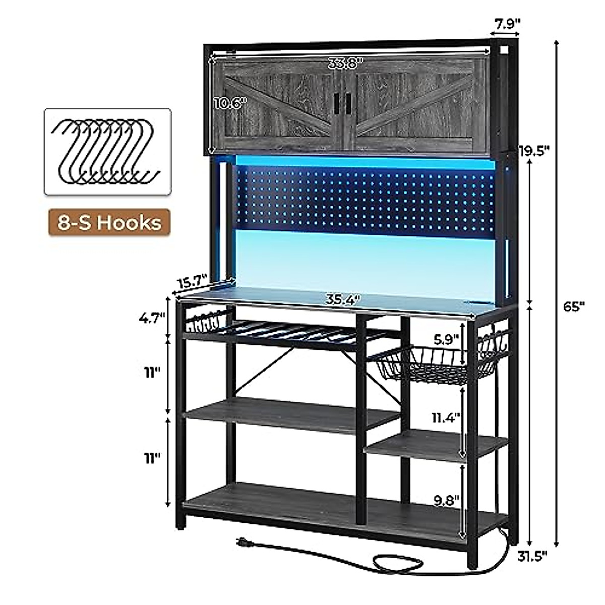 Itaar Bakers Rack with Power Outlet and Led Lights, Coffee Bar Cabinet, Microwave Stand with Wine Rack, Wire Basket, Pegboard and 8 Hoos for Kitchens with Storage, 35.4”, Grey