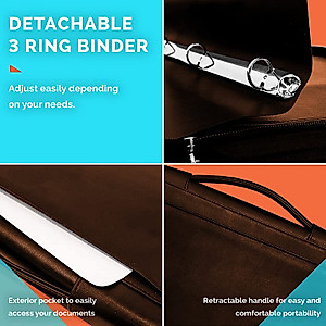 Wundermax 13x10.7x1.9in Vegan Leather Padfolio for Men/Women with Handle, Zipper, Notepad, Detachable Binder, Tablet Pocket - Brown