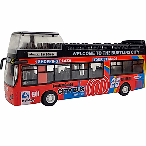 Liberty Imports 1:32 Scale Die Cast Sightseeing Tour Bus Toy Pull Back Vehicles | Mini Double Decker Tourist Open Top Bus Model Car | Pullback Action Toys with Lights and Music (Red)