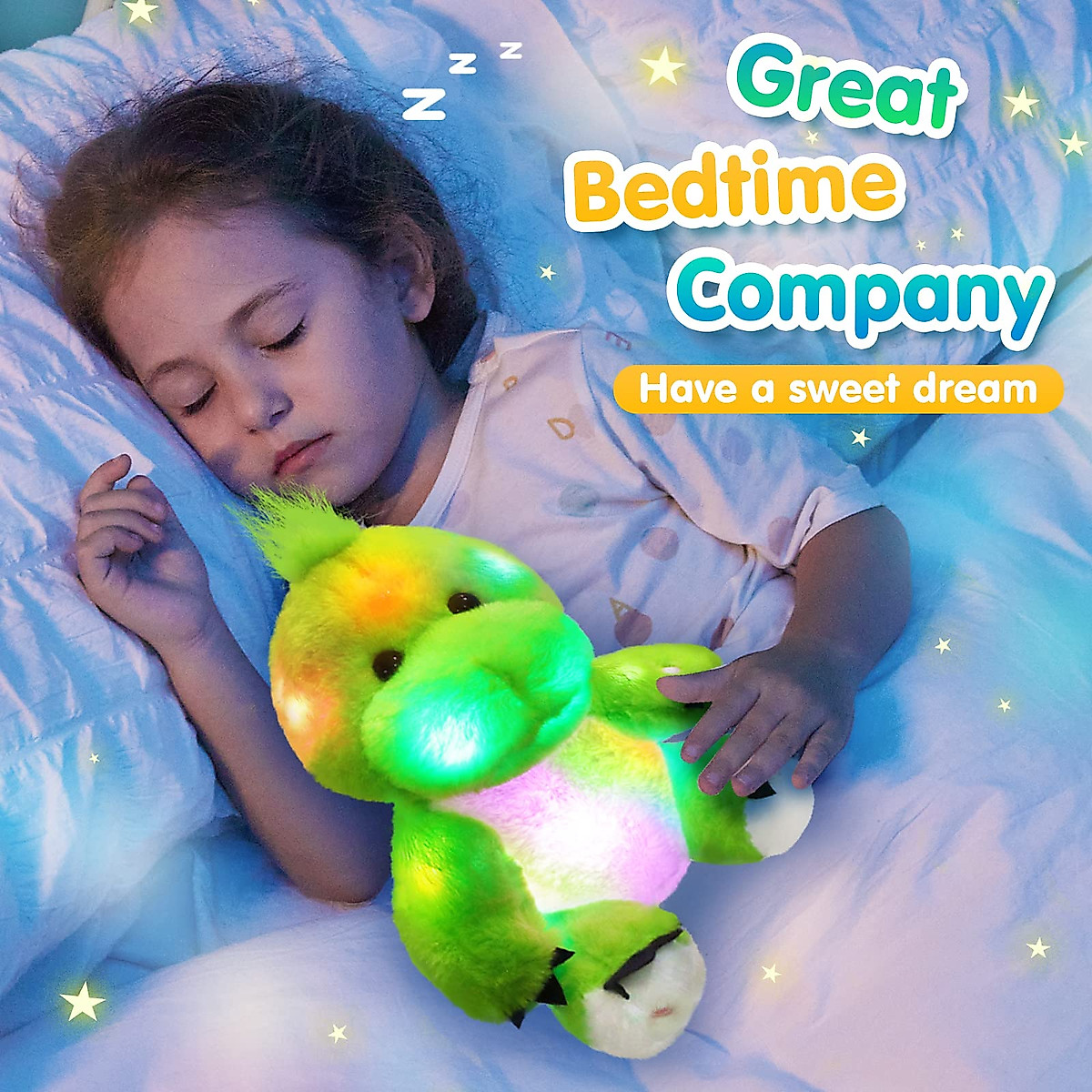 BSTAOFY 11'' Light Up Dinosaur Stuffed Animals Cute LED T-Rex Soft Plush Toy Glow in The Dark Gifts for Kids Boys Girls Valentines Birthday Holiday, Green