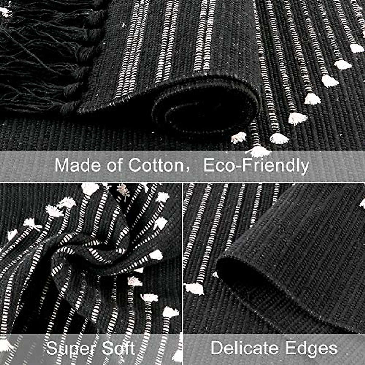 Boho Kitchen Rugs,2'x4.3' Washable Black Bathroom Rug Runner, Cotton Woven Tassels Diamond Soft Indoor Mat Hallways Carpet for Laundry Entryway