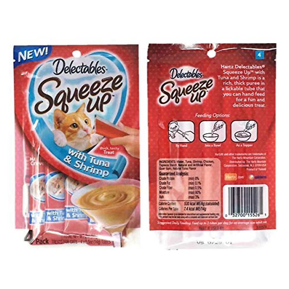 Delectables Squeeze Up Hartz Cat Treats Bundle of 4 Flavor Pouches, 2.0 oz Each (Tuna & Shrimp)