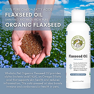 Wholistic Pet Organics Flaxseed Oil for Dogs - 16 Oz - Omega 3 Supplement for Dog Itchy Skin, Dry Skin Relief & Shedding - Skin & Coat Vitamins