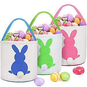 TOPLEE 3 PCS Easter Eggs Hunt Basket for Kids Canvas Bunny Basket Egg Bags Rabbit Fluffy Tails Party Celebrate Decoration Gift Toys Carry Bucket Tote
