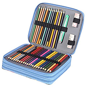 Shulaner 120 Slots Colored Pencil Case Organizer with Zipper Large Capacity Pen Holder Bag for Student or Artist Blue Flower
