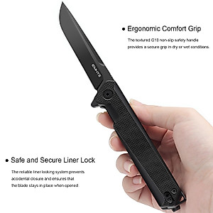 EMHiii Flipper Pocket Folding Knife: 3.54" D2 Steel Black Blade, G10 Scales, Slim EDC Knives with Reversible Deep Clip for Men and Women